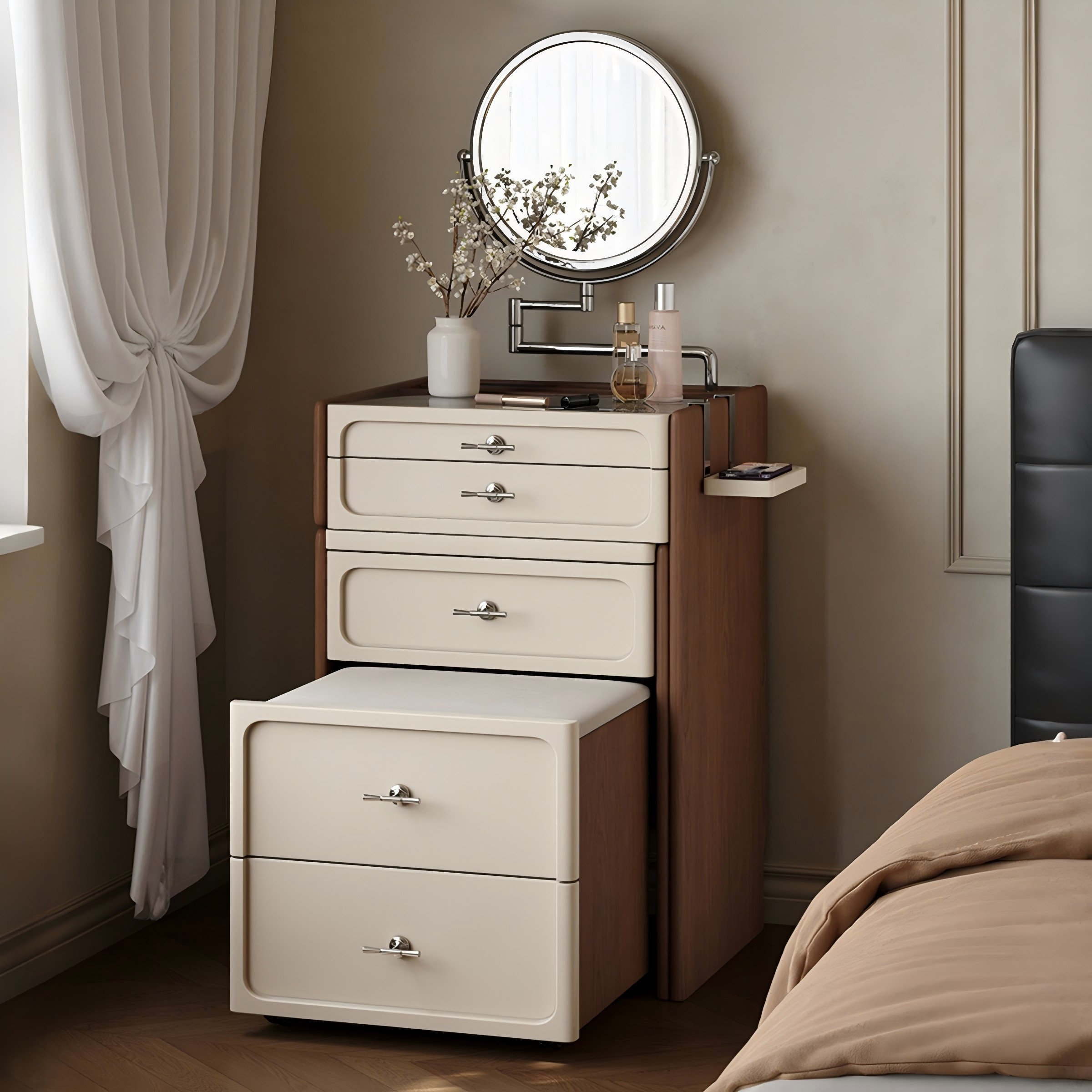 Wrought Studio™ 19.69"White and Brown Extendable Vanity With a Makeup Stool | Wayfair